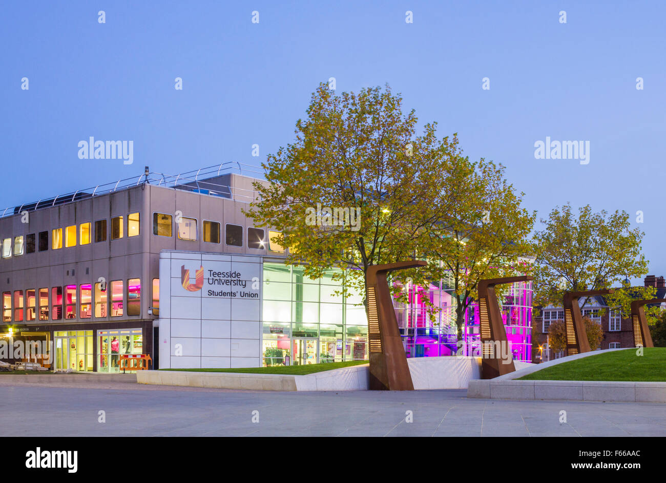 Teesside University students` union building at dusk. Middlesbrough ...